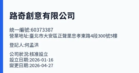 路奇創意有限公司的照片-統編 60373387(臺北市) 公司登記資料與營業項目詳細圖表