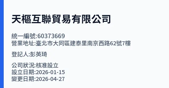 天樞互聯貿易有限公司的照片-統編 60373669(臺北市) 公司登記資料與營業項目詳細圖表