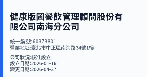 健康版圖餐飲管理顧問股份有限公司南海分公司的照片-統編 60373801(臺北市) 公司登記資料與營業項目詳細圖表