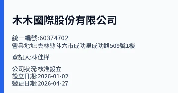 木木國際股份有限公司的照片-統編 60374702(雲林縣) 公司登記資料與營業項目詳細圖表