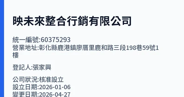 映未來整合行銷有限公司的照片-統編 60375293(彰化縣) 公司登記資料與營業項目詳細圖表