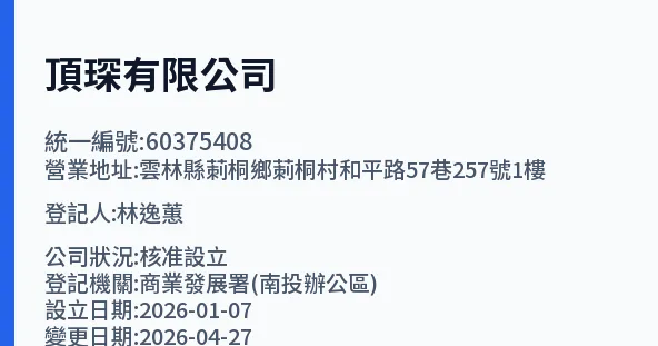頂琛有限公司的照片-統編 60375408(雲林縣) 公司登記資料與營業項目詳細圖表