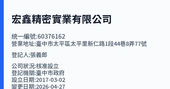 宏鑫精密實業有限公司的照片-統編 60376162(臺中市) 公司登記資料與營業項目詳細圖表