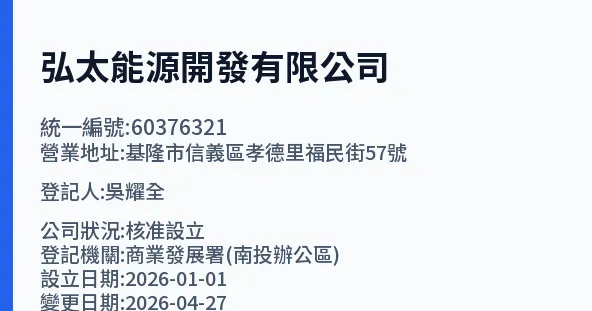 弘太能源開發有限公司的照片-統編 60376321(基隆市) 公司登記資料與營業項目詳細圖表