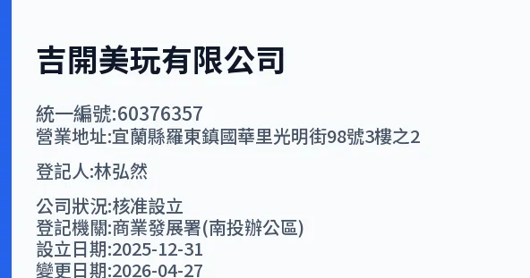 吉開美玩有限公司的照片-統編 60376357(宜蘭縣) 公司登記資料與營業項目詳細圖表