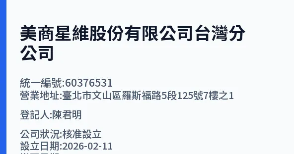 美商星維股份有限公司台灣分公司的照片-統編 60376531(臺北市) 公司登記資料與營業項目詳細圖表