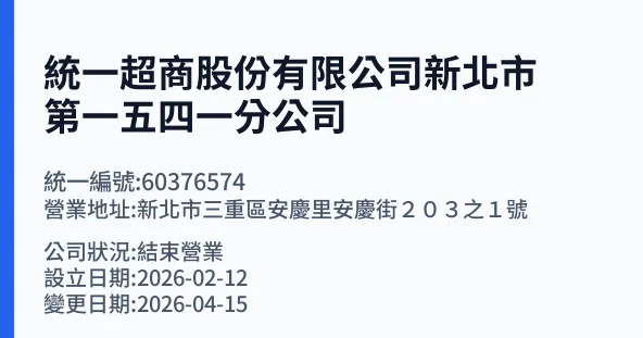 統一超商股份有限公司新北市第一五四一分公司的照片-統編 60376574(新北市) 公司登記資料與營業項目詳細圖表
