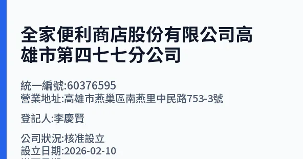 全家便利商店股份有限公司高雄市第四七七分公司的照片-統編 60376595(高雄市) 公司登記資料與營業項目詳細圖表