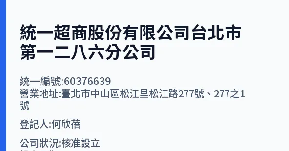 統一超商股份有限公司台北市第一二八六分公司的照片-統編 60376639(臺北市) 公司登記資料與營業項目詳細圖表