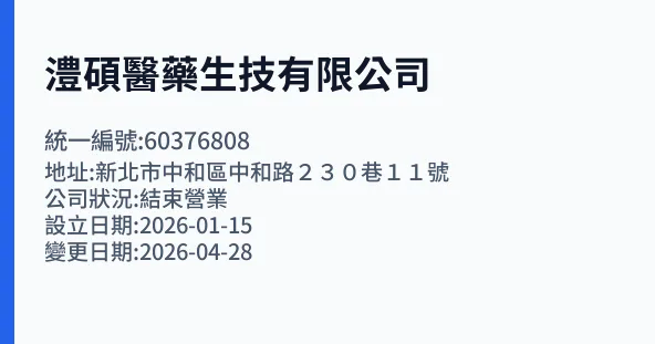 澧碩醫藥生技有限公司的照片-統編 60376808(新北市) 公司登記資料與營業項目詳細圖表