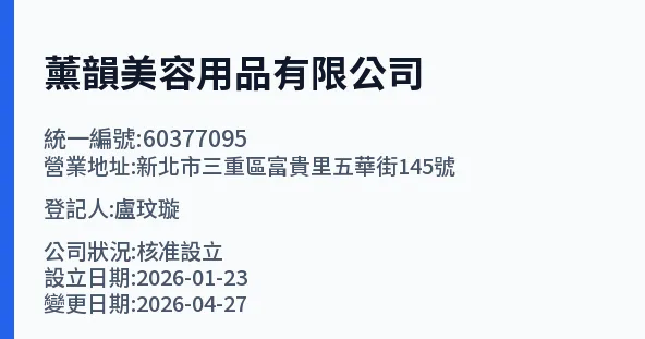 薰韻美容用品有限公司的照片-統編 60377095(新北市) 公司登記資料與營業項目詳細圖表