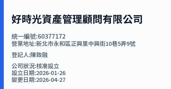 好時光資產管理顧問有限公司的照片-統編 60377172(新北市) 公司登記資料與營業項目詳細圖表