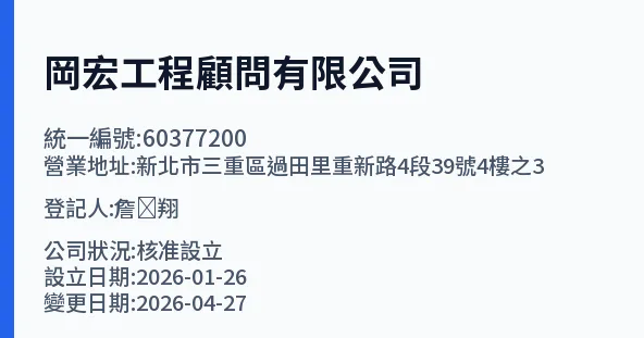 岡宏工程顧問有限公司的照片-統編 60377200(新北市) 公司登記資料與營業項目詳細圖表