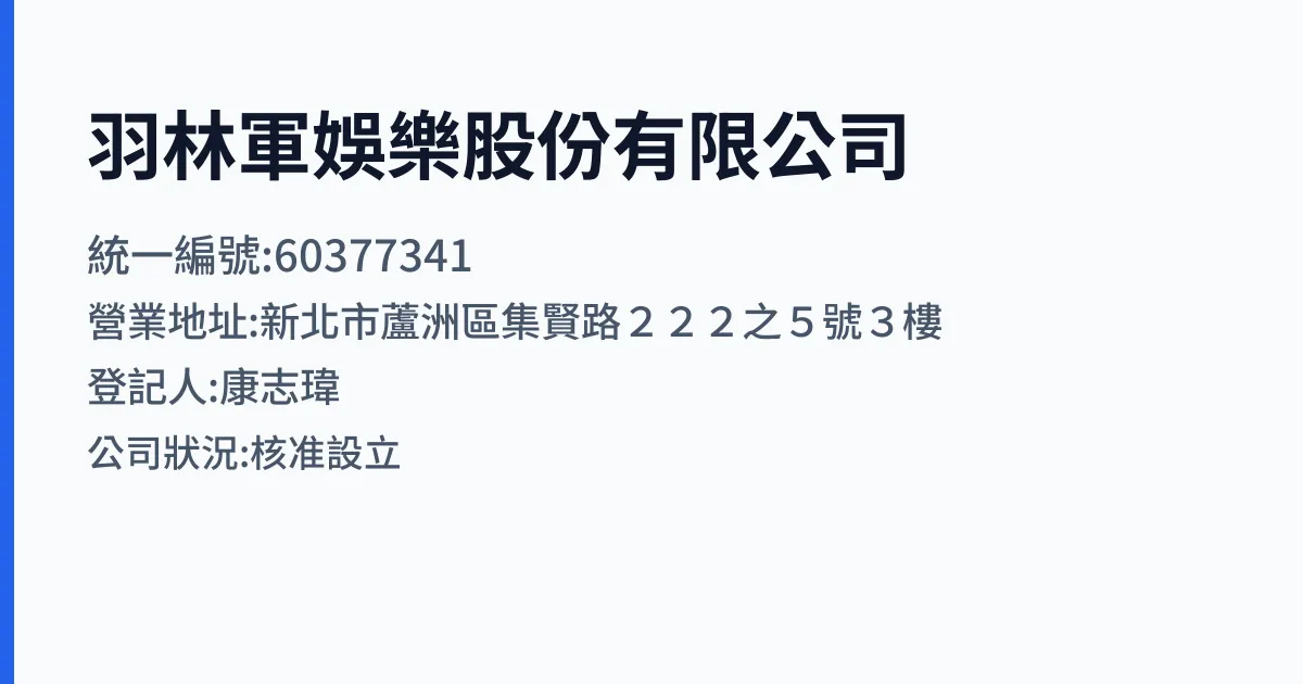 羽林軍娛樂股份有限公司 - 統編 60377341(新北市) 公司登記資料與營業項目詳細圖表
