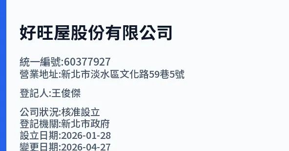 好旺屋股份有限公司的照片-統編 60377927(新北市) 公司登記資料與營業項目詳細圖表