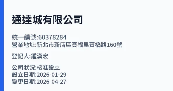 通達城有限公司的照片-統編 60378284(新北市) 公司登記資料與營業項目詳細圖表