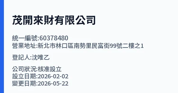 茂開來財有限公司的照片-統編 60378480(新北市) 公司登記資料與營業項目詳細圖表