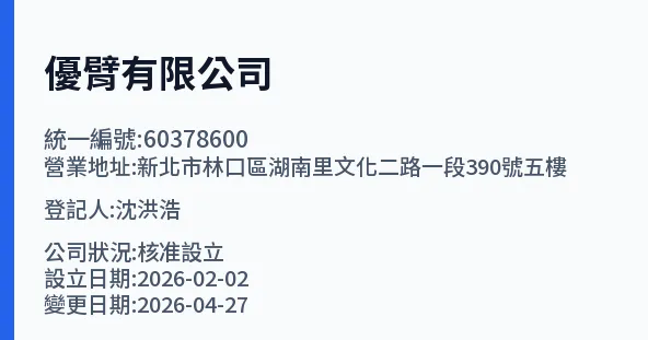 優臂有限公司的照片-統編 60378600(新北市) 公司登記資料與營業項目詳細圖表