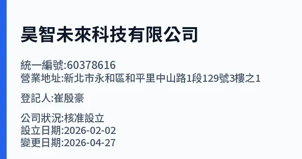 昊智未來科技有限公司的照片-統編 60378616(新北市) 公司登記資料與營業項目詳細圖表