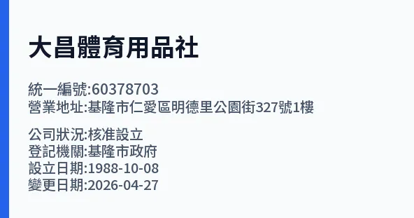 大昌體育用品社的照片-統編 60378703(基隆市) 公司登記資料與營業項目詳細圖表