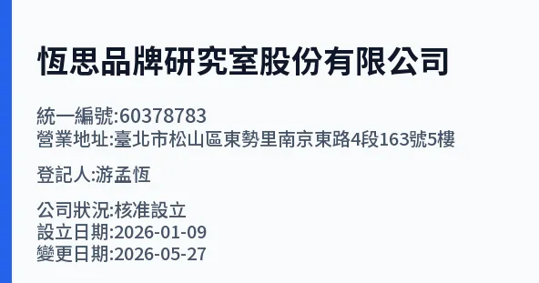 恆思品牌研究室股份有限公司的照片-統編 60378783(臺北市) 公司登記資料與營業項目詳細圖表