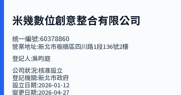 米幾數位創意整合有限公司的照片-統編 60378860(新北市) 公司登記資料與營業項目詳細圖表