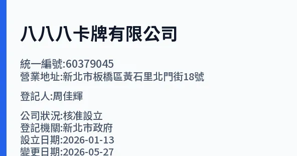 八八八卡牌有限公司的照片-統編 60379045(新北市) 公司登記資料與營業項目詳細圖表