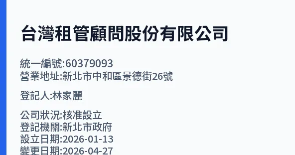台灣租管顧問股份有限公司的照片-統編 60379093(新北市) 公司登記資料與營業項目詳細圖表