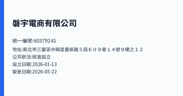 磐宇電商有限公司的照片-統編 60379241(新北市) 公司登記資料與營業項目詳細圖表