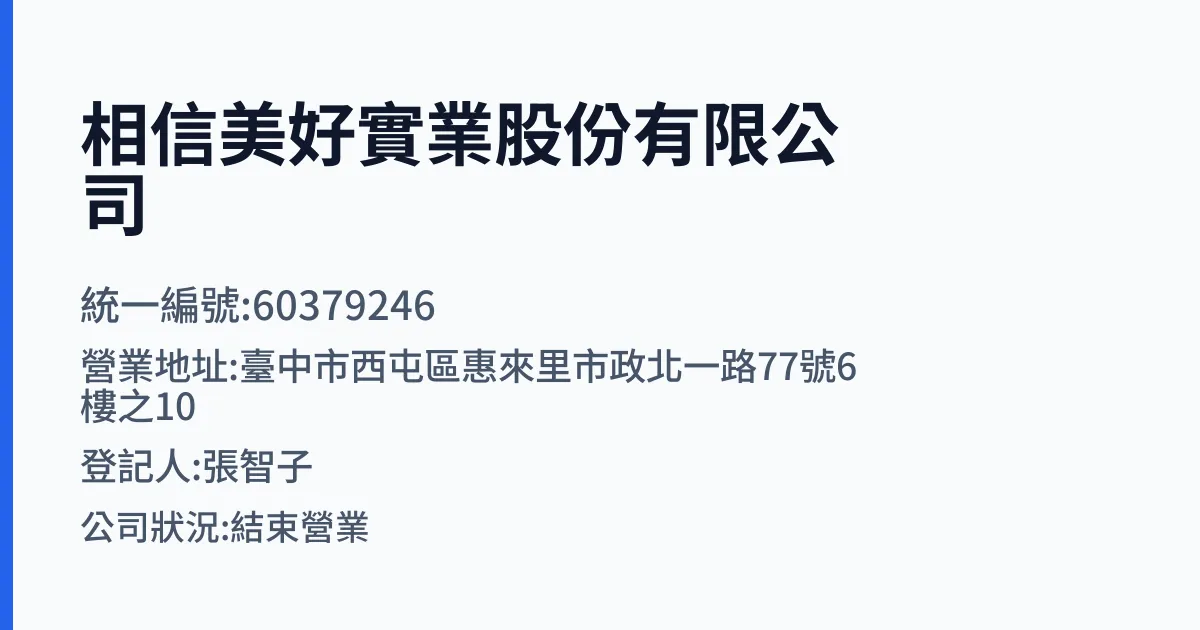 相信美好實業股份有限公司 - 統編 60379246(臺中市) 公司登記資料與營業項目詳細圖表