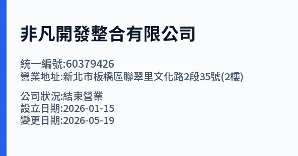 非凡開發整合有限公司的照片-統編 60379426(新北市) 公司登記資料與營業項目詳細圖表