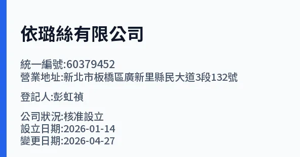 依璐絲有限公司的照片-統編 60379452(新北市) 公司登記資料與營業項目詳細圖表