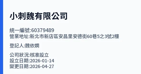小刺魏有限公司的照片-統編 60379489(新北市) 公司登記資料與營業項目詳細圖表