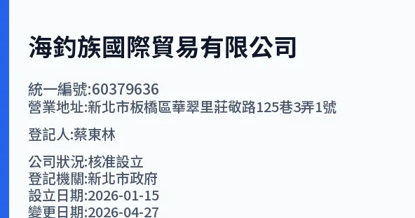 海釣族國際貿易有限公司的照片-統編 60379636(新北市) 公司登記資料與營業項目詳細圖表
