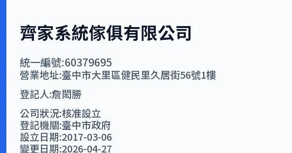 齊家系統傢俱有限公司的照片-統編 60379695(臺中市) 公司登記資料與營業項目詳細圖表