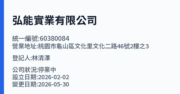弘能實業有限公司的照片-統編 60380084(桃園市) 公司登記資料與營業項目詳細圖表