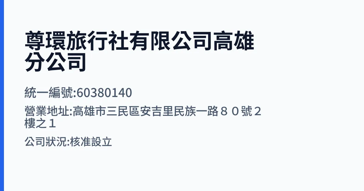 尊環旅行社有限公司高雄分公司 - 統編 60380140(高雄市) 公司登記資料與營業項目詳細圖表