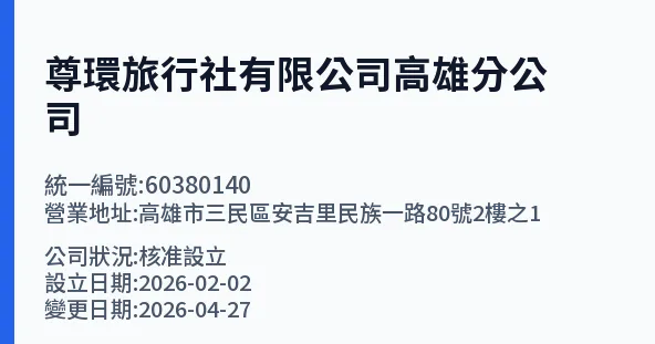 尊環旅行社有限公司高雄分公司的照片-統編 60380140(高雄市) 公司登記資料與營業項目詳細圖表