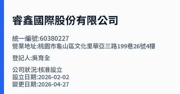 睿鑫國際股份有限公司的照片-統編 60380227(桃園市) 公司登記資料與營業項目詳細圖表