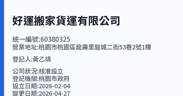 好運搬家貨運有限公司的照片-統編 60380325(桃園市) 公司登記資料與營業項目詳細圖表