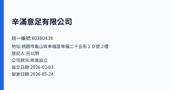 辛滿意足有限公司的照片-統編 60380438(桃園市) 公司登記資料與營業項目詳細圖表