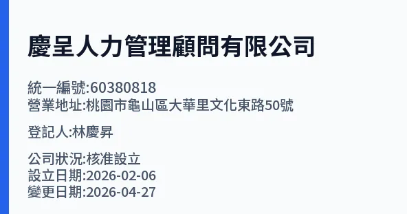 慶呈人力管理顧問有限公司的照片-統編 60380818(桃園市) 公司登記資料與營業項目詳細圖表