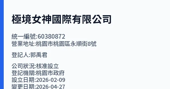 極境女神國際有限公司的照片-統編 60380872(桃園市) 公司登記資料與營業項目詳細圖表