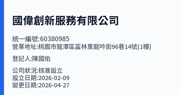 國偉創新服務有限公司的照片-統編 60380985(桃園市) 公司登記資料與營業項目詳細圖表