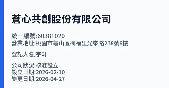 蒼心共創股份有限公司的照片-統編 60381020(桃園市) 公司登記資料與營業項目詳細圖表