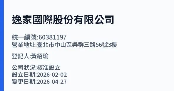 逸家國際股份有限公司的照片-統編 60381197(臺北市) 公司登記資料與營業項目詳細圖表
