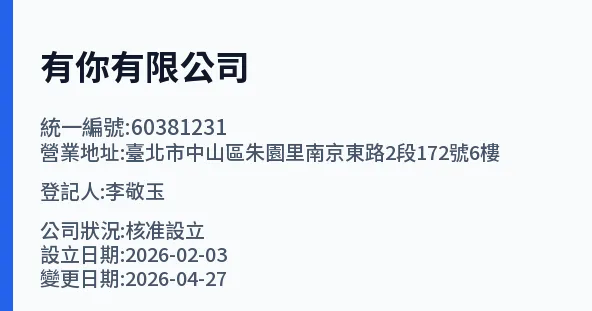 有你有限公司的照片-統編 60381231(臺北市) 公司登記資料與營業項目詳細圖表