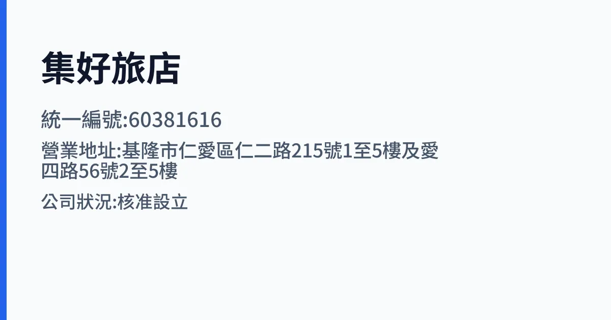 集好旅店 - 統編 60381616(基隆市) 公司登記資料與營業項目詳細圖表