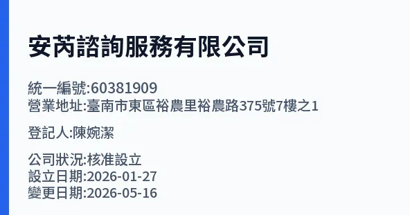 安芮諮詢服務有限公司的照片-統編 60381909(臺南市) 公司登記資料與營業項目詳細圖表