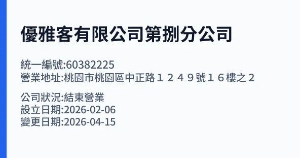 優雅客有限公司第捌分公司的照片-統編 60382225(桃園市) 公司登記資料與營業項目詳細圖表